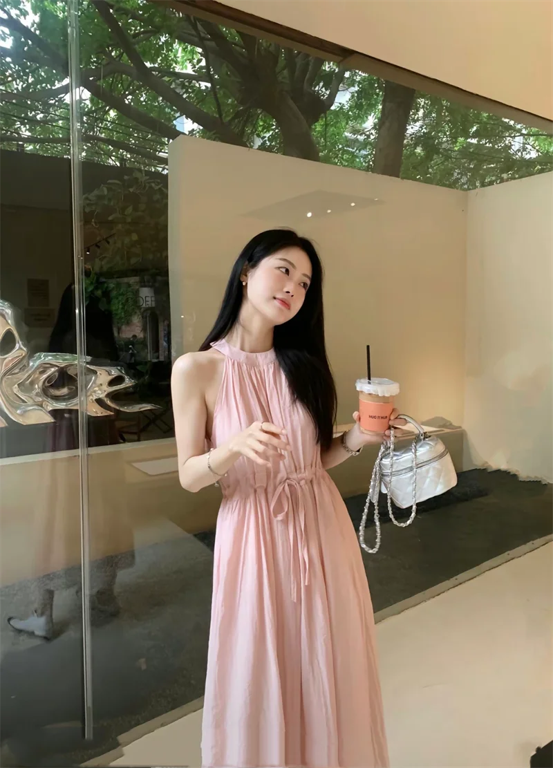 휴가 고삐 탑 드레스 여성의 여름 드레스 프랑스 스타일의 부드러운 민소매 오프 숄더 롱 드레스 레이스 업 허리 포옹 라인 스커트
