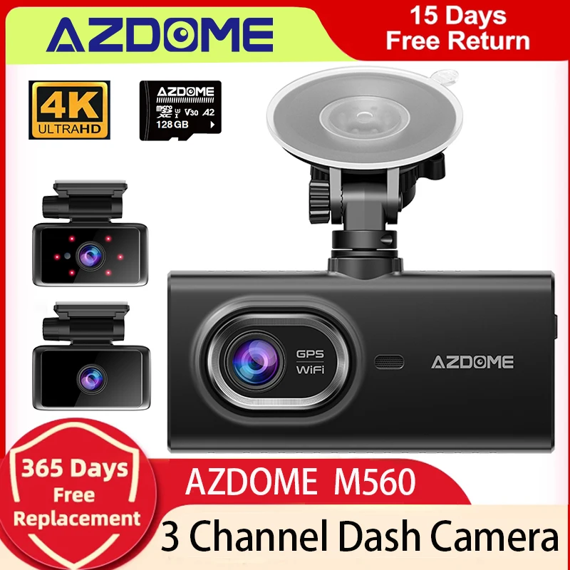 AZDOME 3 Channel Dash Camera for Car 4k M560-3CH 4” IPS Touch Screen ...