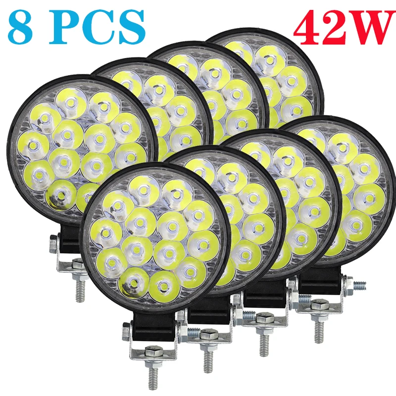 42w 14led 작업 조명 Led 자동차 앞 안개등 12v 24v 트럭 Suv 4x4 4wd 엔지니어 헤드 라이트 오프로드 Led 라운드 헤드 램프 8 피스