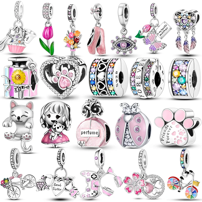 925-Sterling-Silver-Pink-Series-Color-Charms-Beads-Cut-Girl-Flower ...