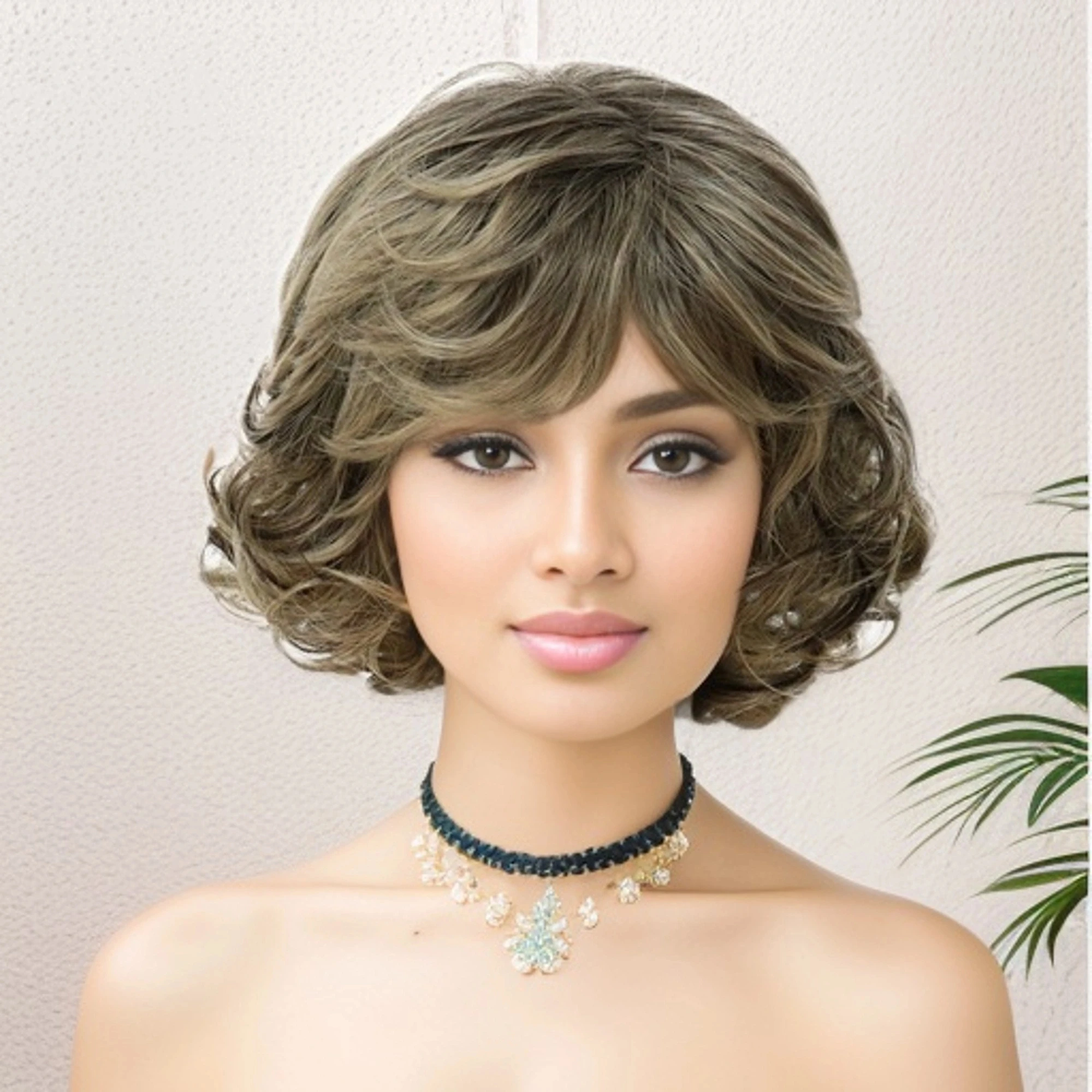 Synthetic-Short-Bob-Wig-with-Bangs-Mix-Brown-Hair-Natural-Fluffy-Messy ...
