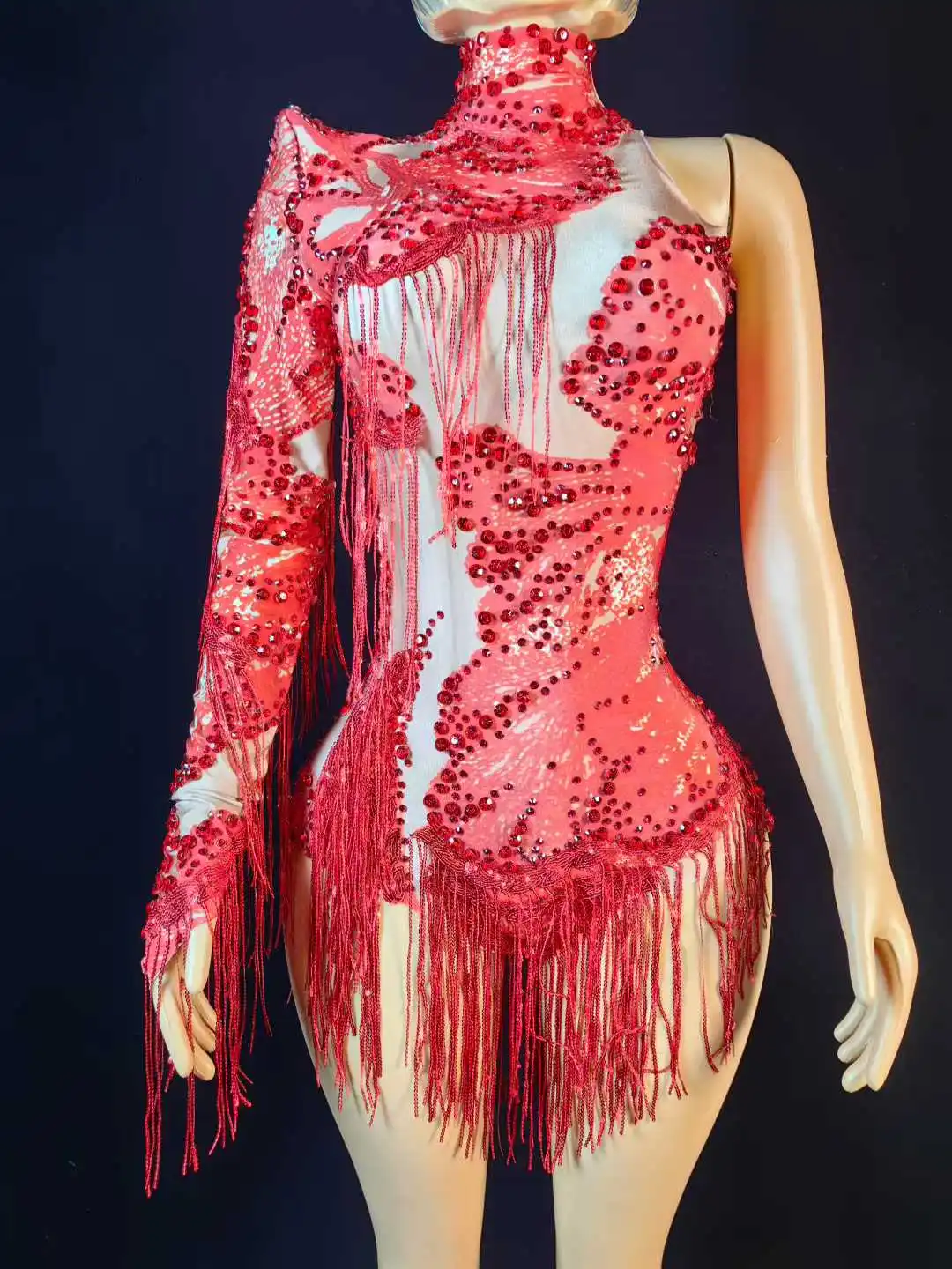 Single Sleeve Fringe Rhinestone Bodysuits For Women Drag Queen Costumes ...