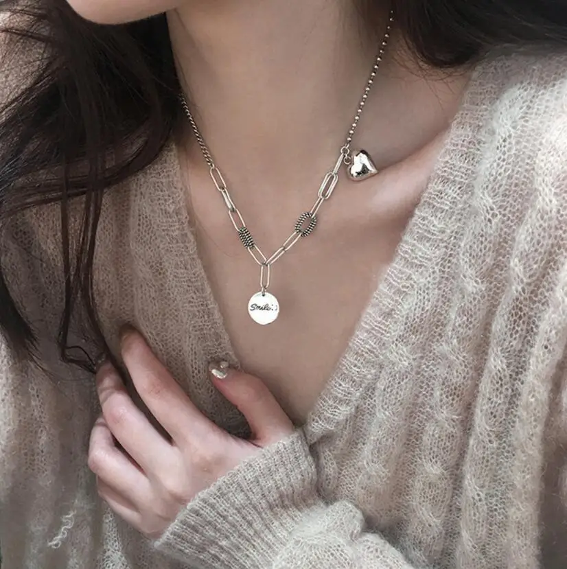 925-Sterling-Silver-Thick-Chain-Necklace-INS-Fashion-Hip-Hop-Vintage-Design-LOVE-Heart-Pendant ...