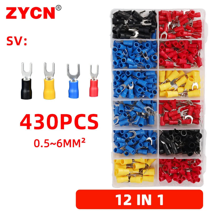 430PCS 0.5 6mm² AWG10 22 SV1.25 3/2 4/3.5 6 Crimp Terminal Insulated Connector U Fork Shaped ...
