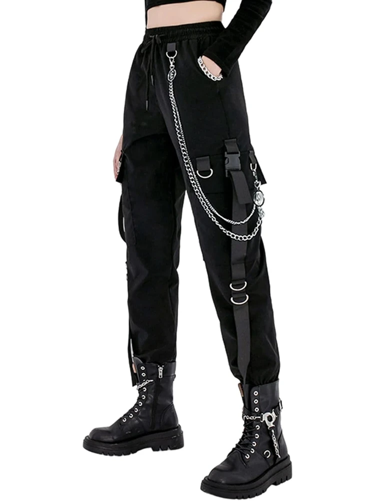 Schwarze Cargo Hose F R Frauen Techwear Weibliche Goth Jogger Mit Kette