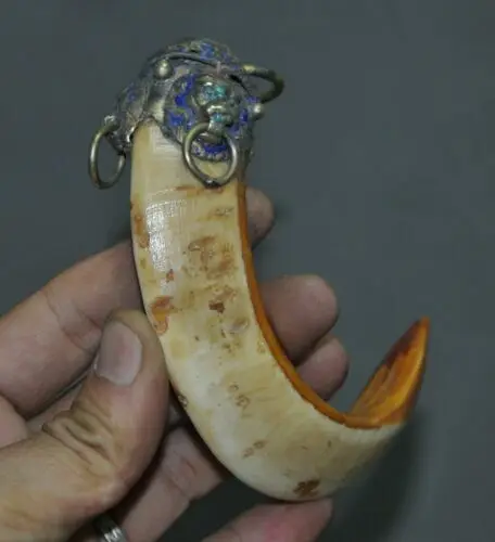 Old-China-Wild-Boar-Tooth-Inlay-Tibetan-silver-Lion-Beast-Ward-off-evil ...