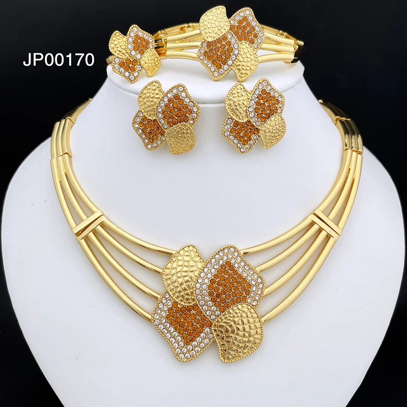 Gold Color Jewelry Set For Women Inlays White Rhinestone Necklace ...