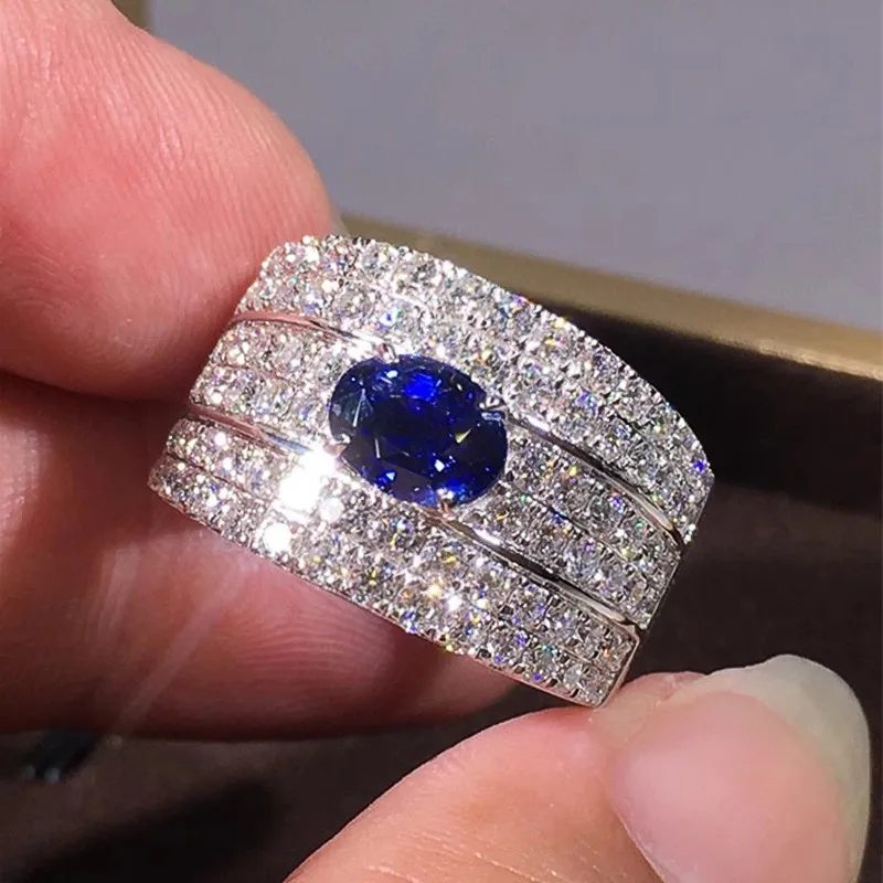 925 Sterling Silver Rings for Women Oval Blue CZ Wide Band Gorgeous ...