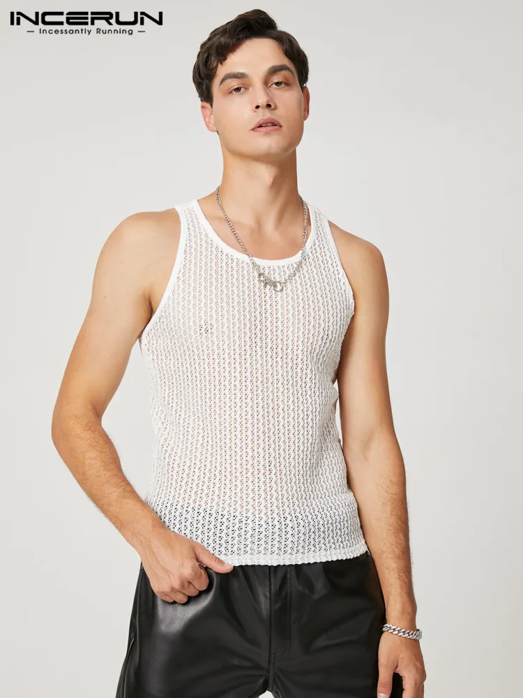 INCERUN Men Tank Tops Hollow Out Transparent Solid Color Streetwear ...