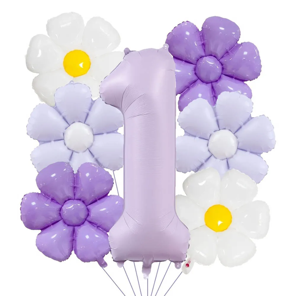 1set Daisy Flowers Purple 1 2 3 Number Foil Balloons Boy and Girl ...