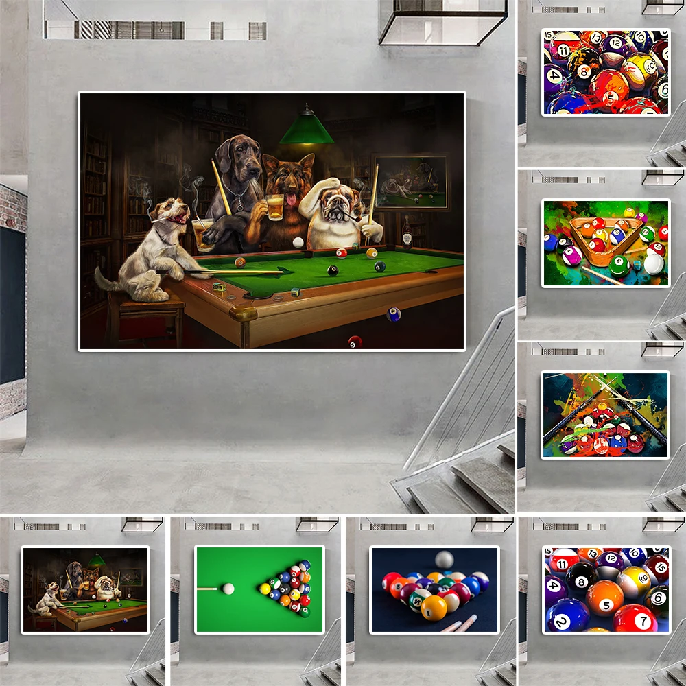 Funny Dogs Playing Billiards Comic Poster And Print Abstract Billiard ...
