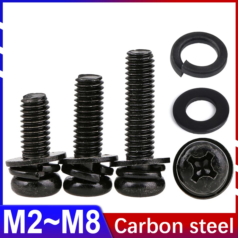 3IN1-Black-Zinc-Plated-Cross-Round-Head-Screws-with-Flat-Washers-Spring ...