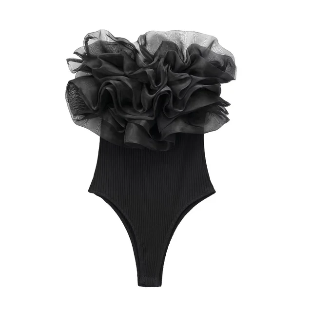 TRAF Women Fashion With Organza Ruffle Rib Knit Bodysuits Vintage ...