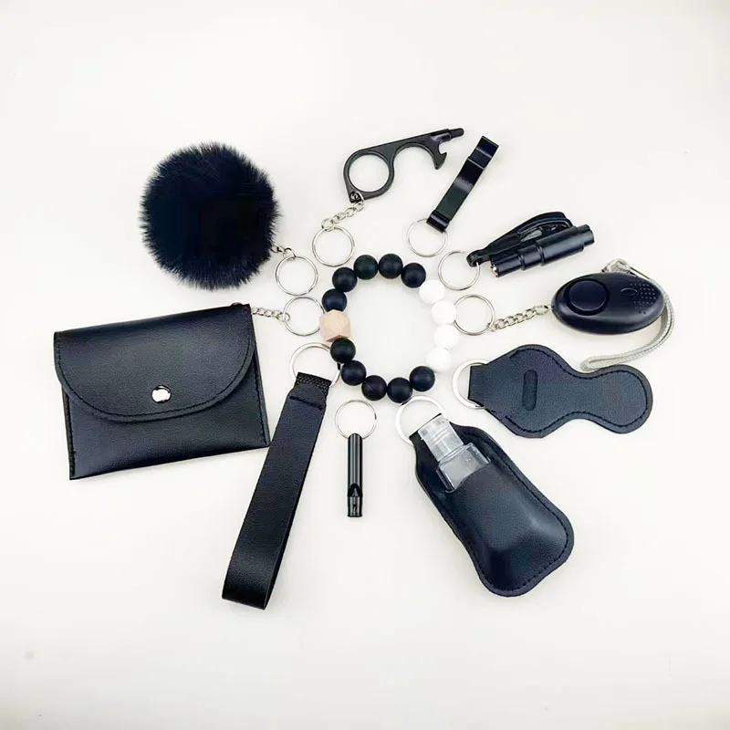 11Pcs-Set-Keychain-Kit-with-Beads-Card-Bag-Alarm-Window-Breaker-Anti ...