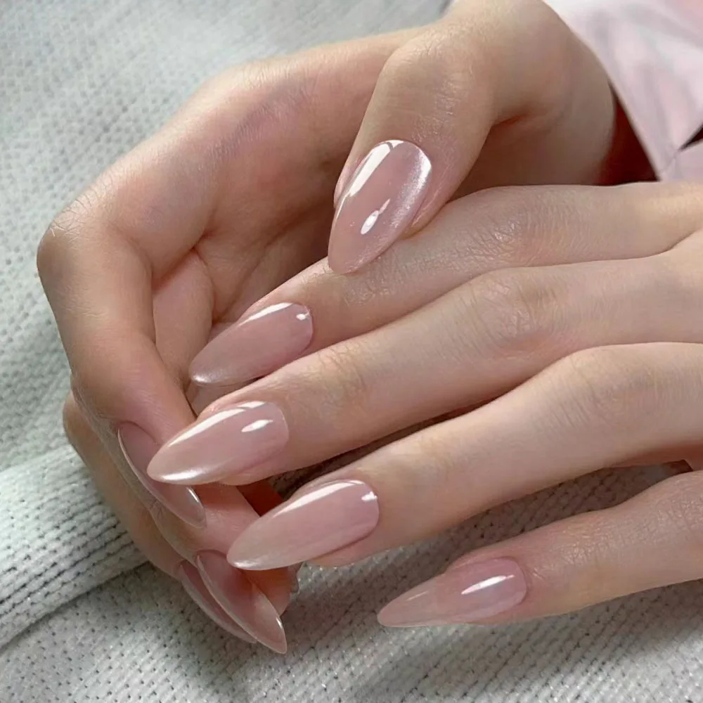 24-pieces-of-medium-short-almond-nail-tips-Pink-cat-s-eye-aurora ...