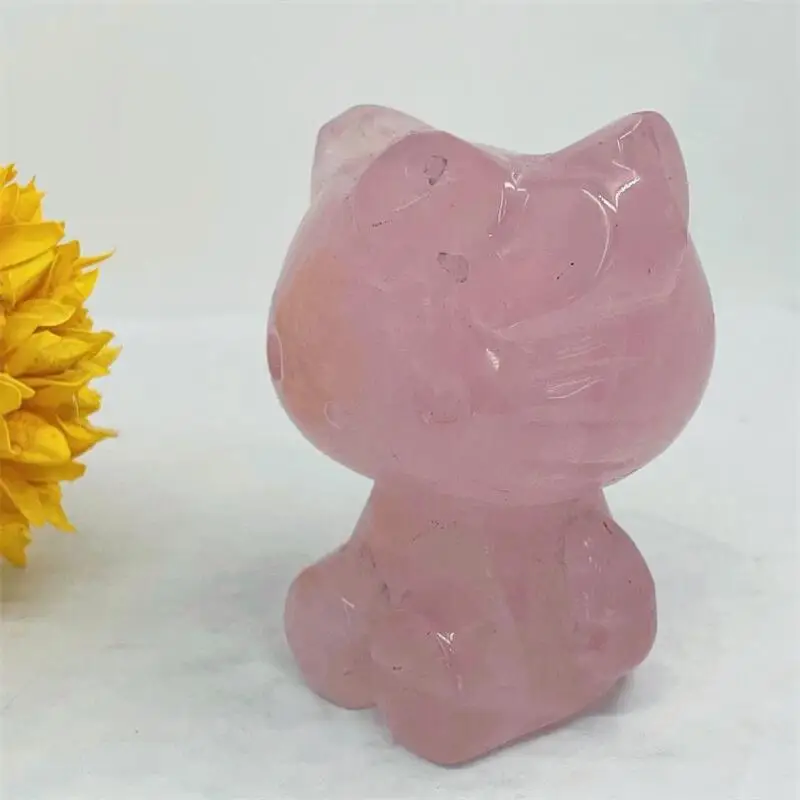 Natural Rose Quartz Crystal Cartoon KT Cat Carving Animal Statue ...