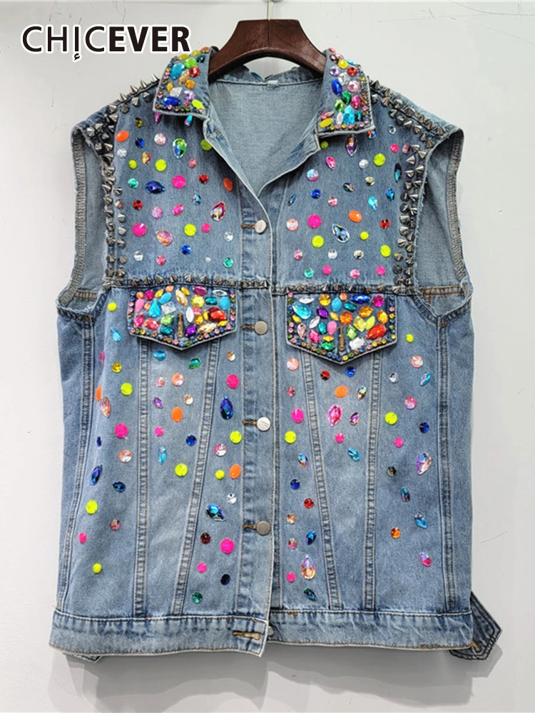 CHICEVER-Loose-Denim-Waistcoats-For-Women-Lapel-Sleeveless-Single ...