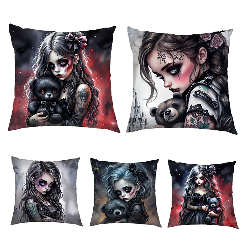Cartoon Gothic Girl and Bear Doll Cushion Covers Goth Girl Pillowcase ...