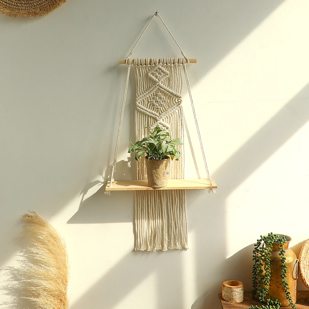 Macrame-Wall-Shelf-Wood-Floating-Shelves-Flower-Pot-Display-Stand ...