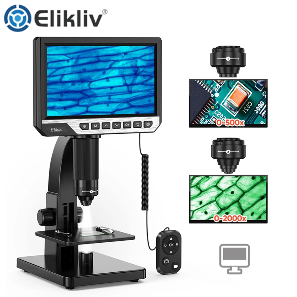 Elikliv EDM11S Digital Microscope 2000X 7" IPS 12MP 1080P Lab ...