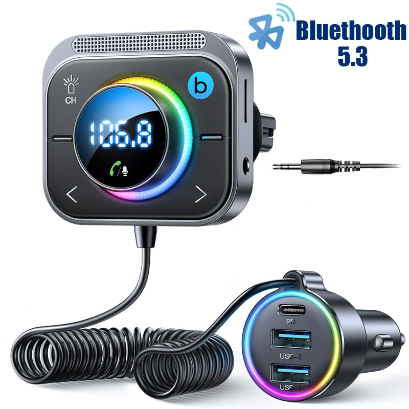 Car MP3 Player Bluetooth 5.3 FM Modulator Wireless RGB light TF Card U ...