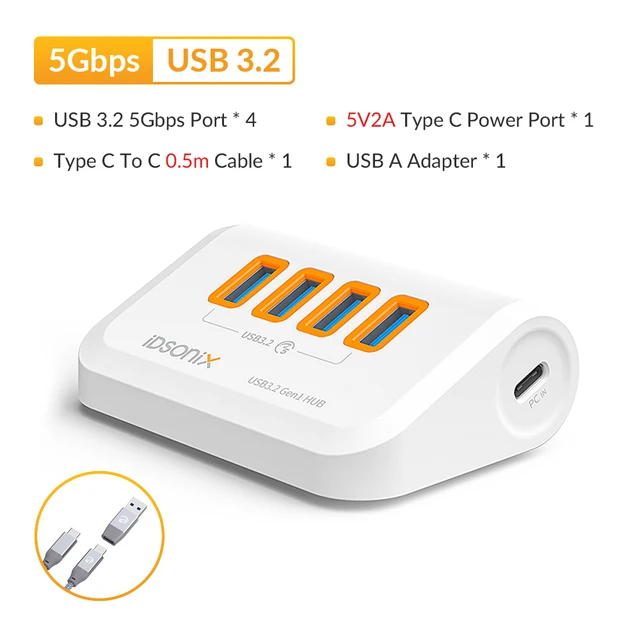 IDsonix-Hub USB divisor 3,2, Adaptador tipo C de 10Gbps, estación de acoplamiento multipuertos ...