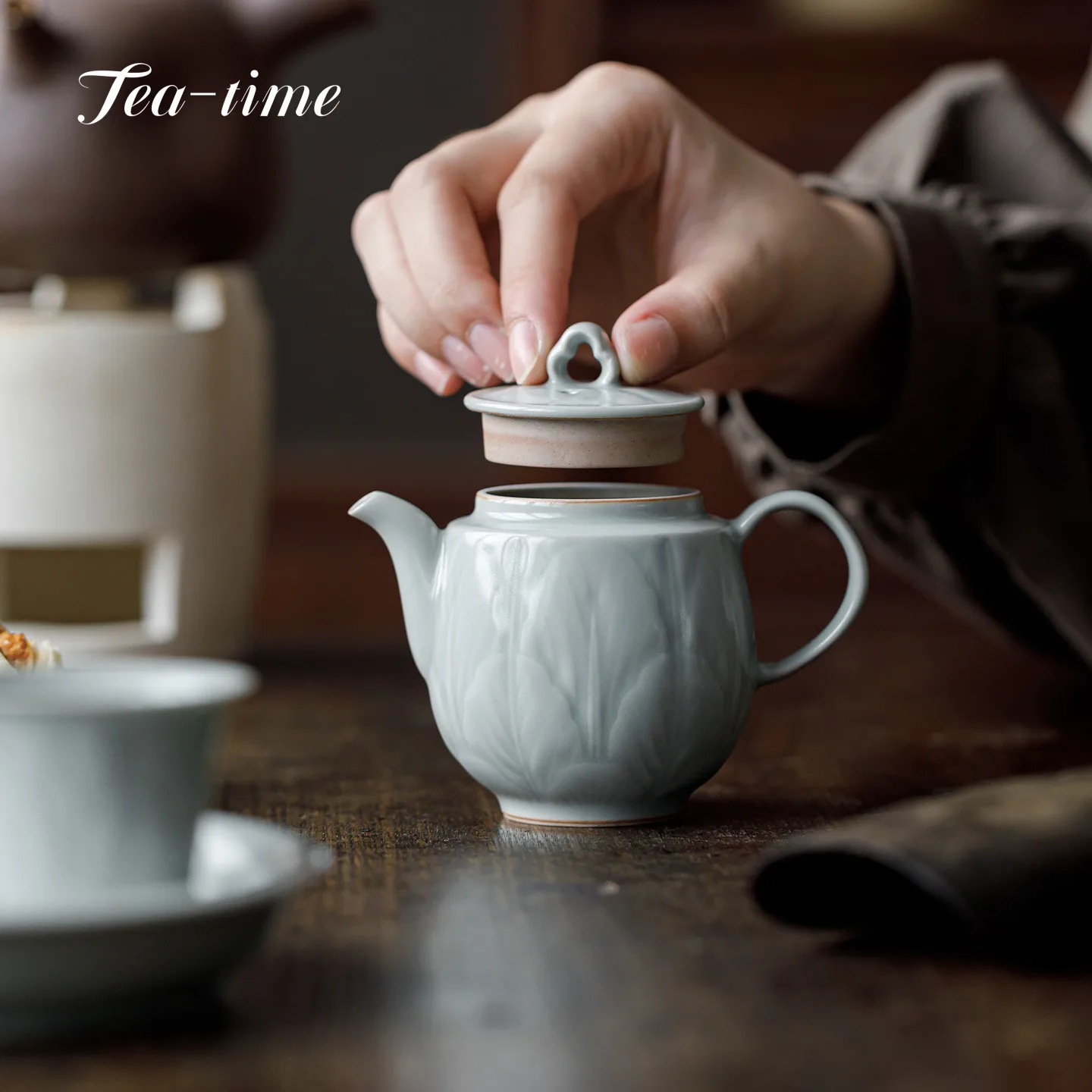 Sky Blue Ru Porcelain Tea Infuser Teapot Relief Ceramic Tea Brewing ...