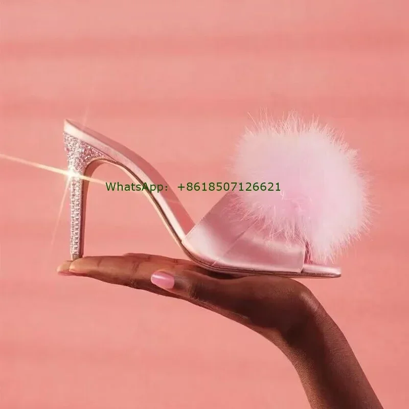Pink Pom-Embellished Rhinestone Stiletto Slippers Peep Toe Slip-On Cute ...