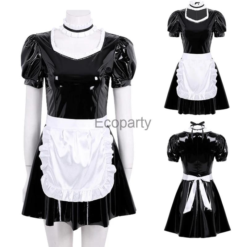 Women-Sexy-Glossy-Patent-Leather-Maid-Cosplay-Costume-Black-Ruffles ...