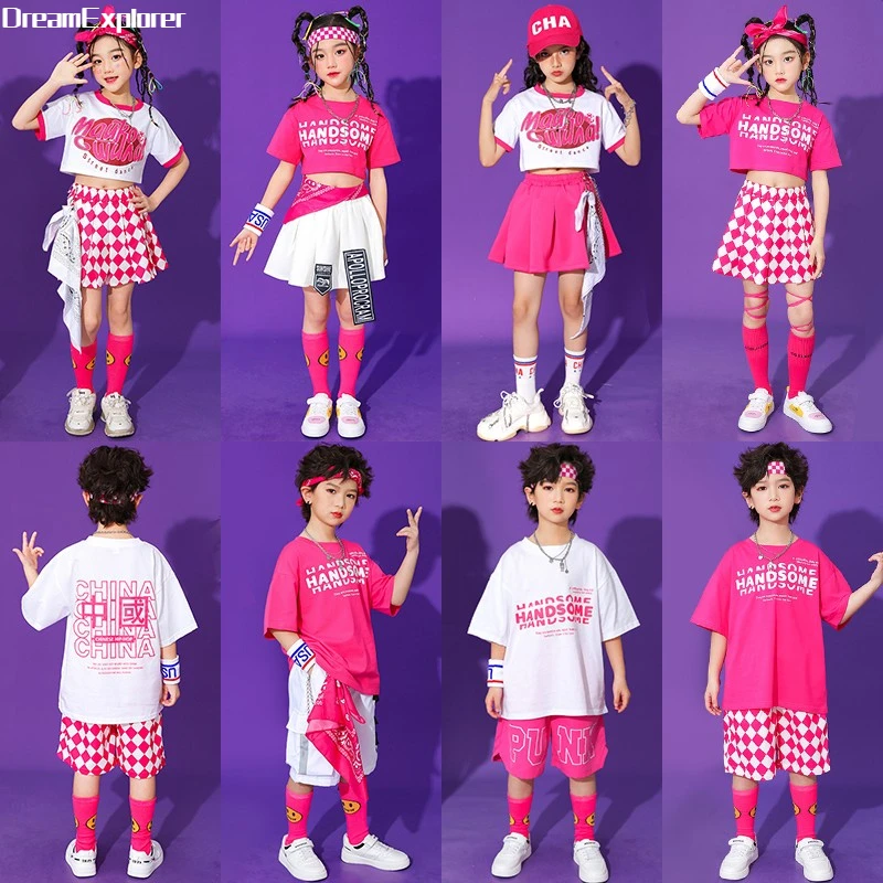 여아 힙합 핑크 크롭탑 로즈 격자 무늬 스커트 소년 티셔츠 스트리트 댄스 반바지 어린이 달콤한 여름 옷 세트 어린이 재즈