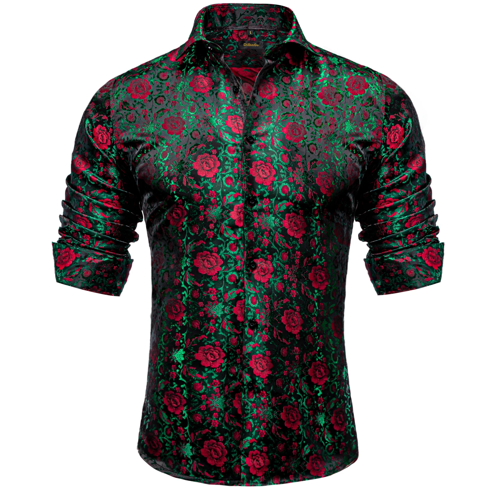 Dibangu-Luxe-Rode-Roos-Bloemen-Groene-Zijde-Mannen-Shirt-Lange-Mouw ...