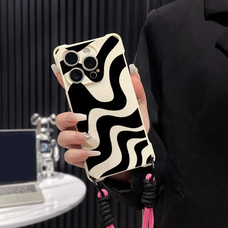 Simple-Style-Black-And-White-Waves-With-Hanging-Rope-Phone-Case-For ...