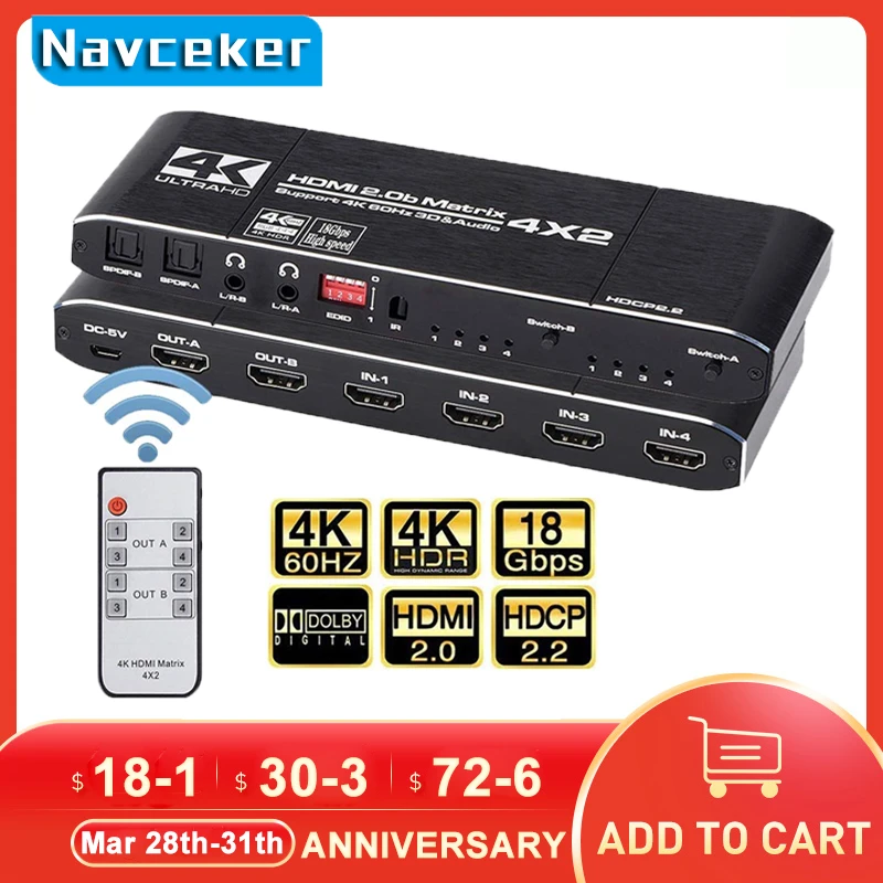 2020 4k@60hz Hdmi Matrix 4x2 Switch Splitter Support Hdcp 2.2 Ir Remote ...