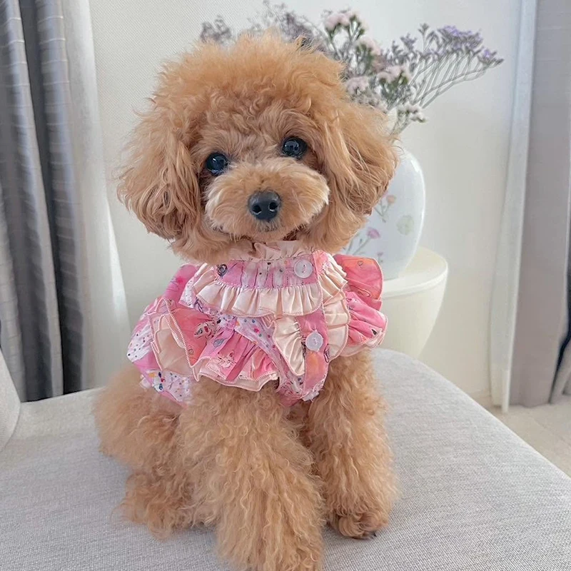 Luxury Princess Dog Dress Pink Ruffle Kitten Pattern Printed Dress for ...