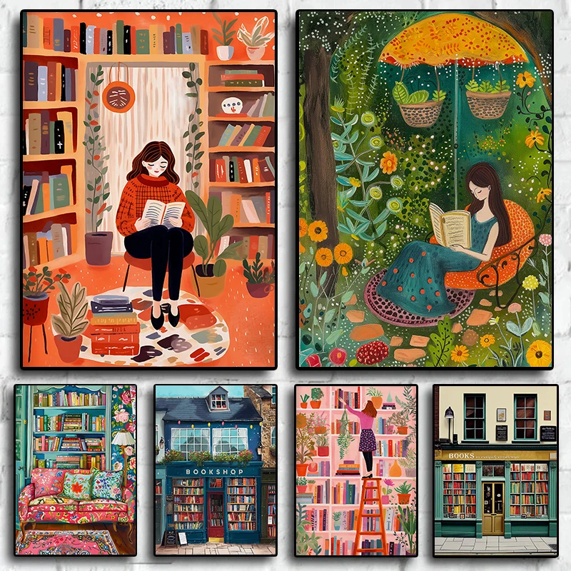 Vintage Bookstore Cosy Bookshelf Illustration Library Reading Poster ...