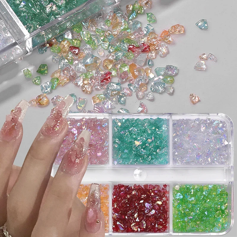 6-Grids-Mixed-Color-Green-White-Pink-Ice-Spar-Transparent-Nail-Art ...