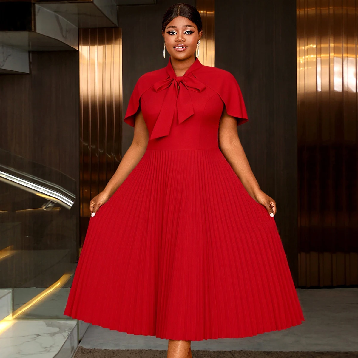Elegant Red A Line Midi Pleated Dresses for Women Cape Sleeves Half ...