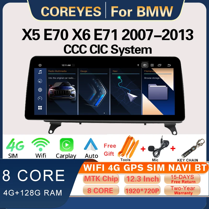 COREYES 12.3 Inch Carplay Car Radio Multimedia Player For BMW X5 E70 X6 E71 2007-2013 CCC CIC ...
