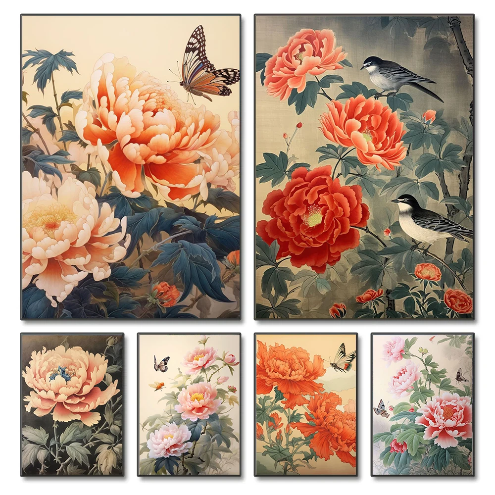Chinese-Style-Peony-Flowers-Blossom-Butterfly-Bird-Poster-and-Prints ...