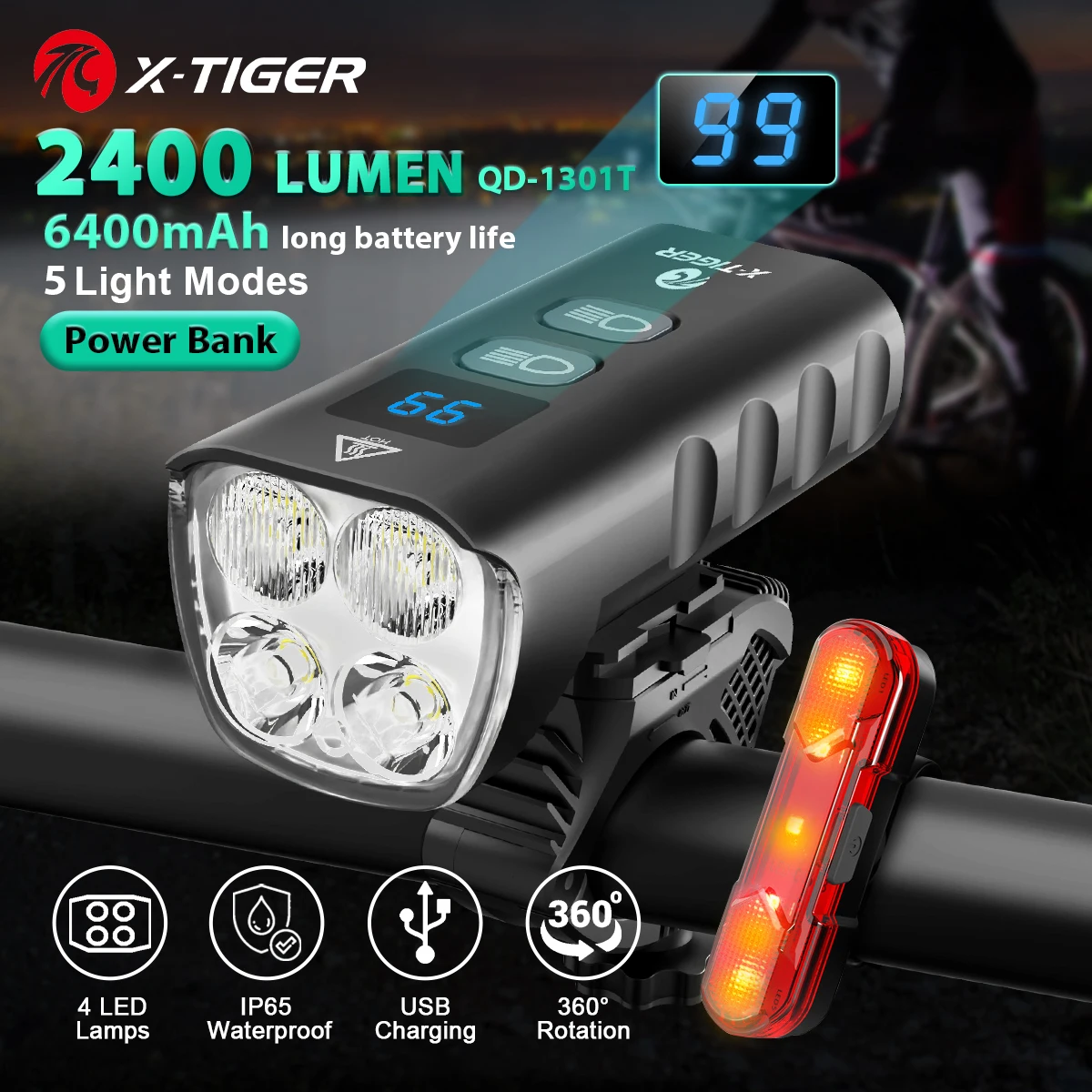 Bike Lights Rechargeable 6400mAh Bike Light Set - 1200 Lumen USB-C ...