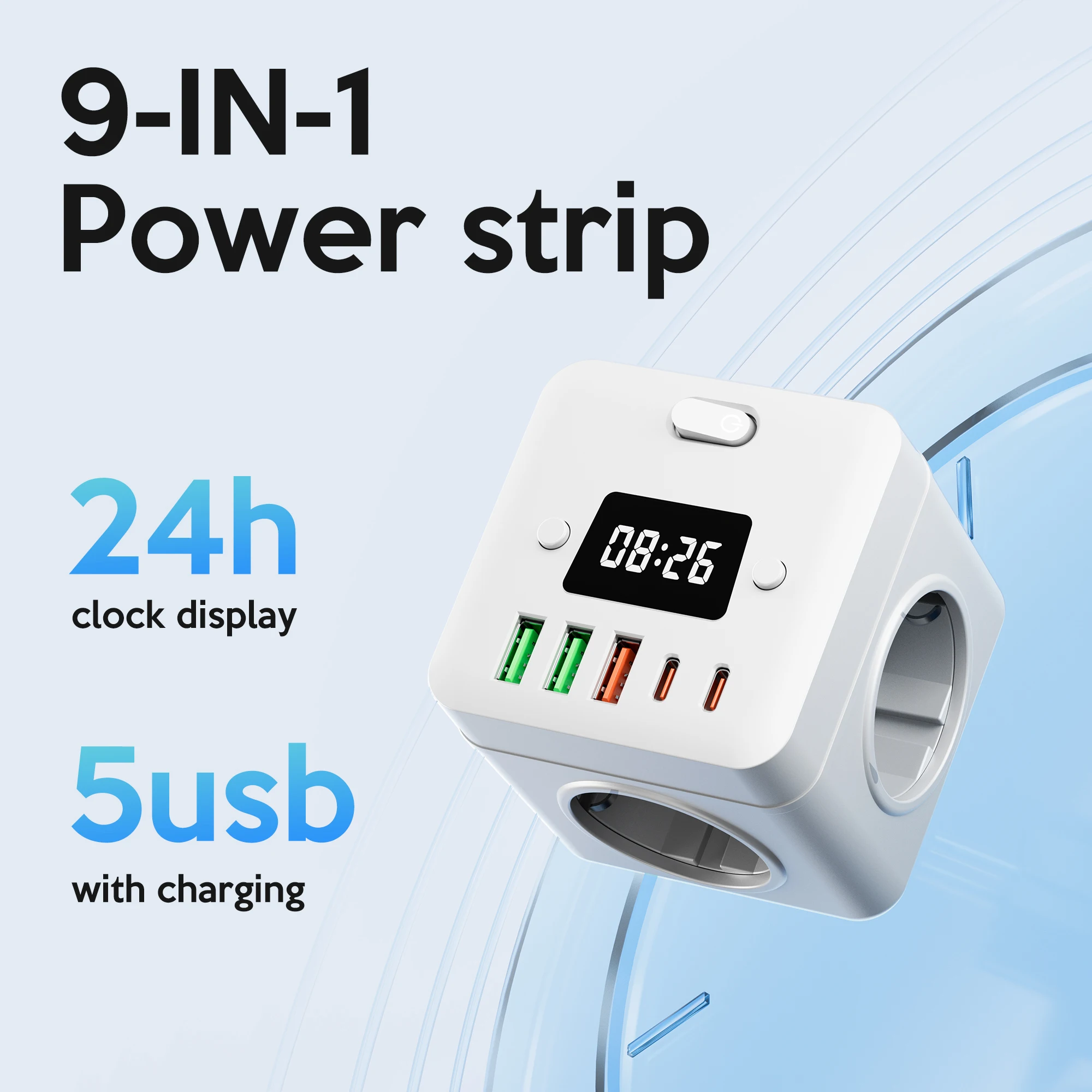 Multiprise 9 en 1 avec horloge, 3 prises ue, 3 Ports USB-A, 2 Ports USB ...