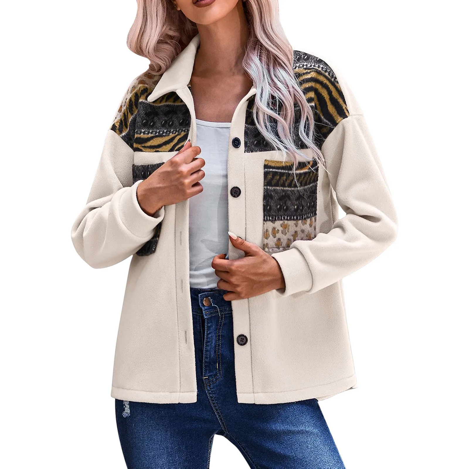 Womens Long Sleeve Lapel Jacket Patchwork Ethnic Outer Jacket Womens ...