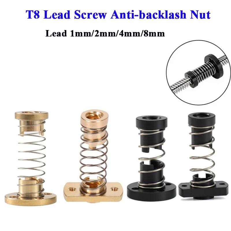 T8 Lead Screw Anti-backlash Nut Brass/POM Spring Nut Elimination Gap ...