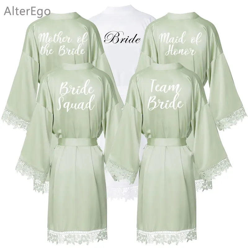 Robes Green with White Letters Robes Bridesmaid Short Silk Lace Flower ...