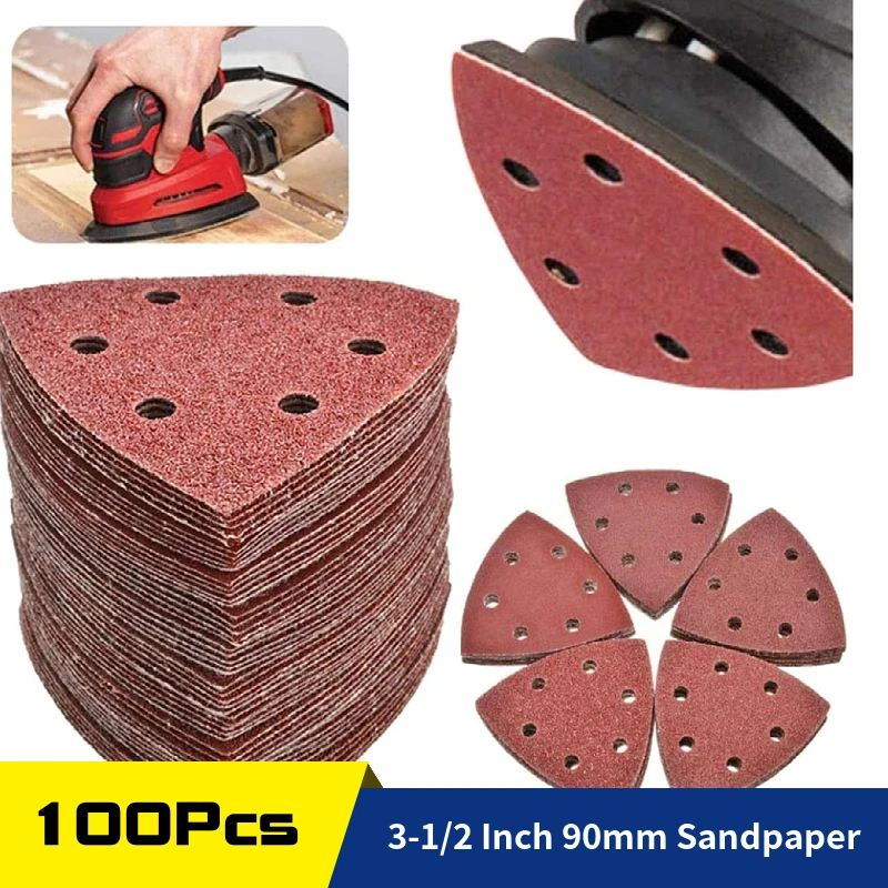100PCS-Triangle-Sanding-Disc-Hook-and-Loop-3-1-2-Inch-90mm-Sandpaper-6 ...