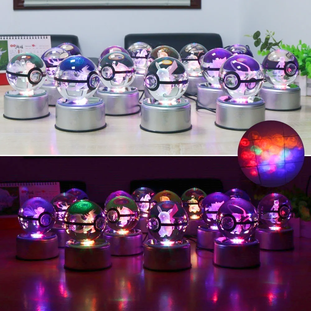 5cm Pokemon 3D Crystal Ball Pikachu Eevee Mewtwo Carving Model LED ...