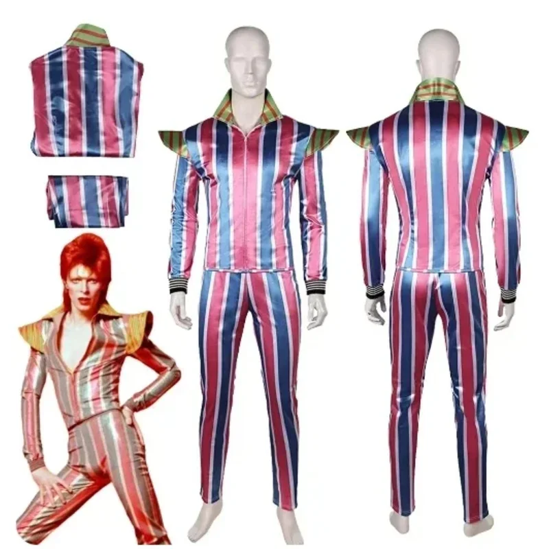 David Stardust Bowie Cosplay Sequins Costume Pink Blue Striped Suit for ...