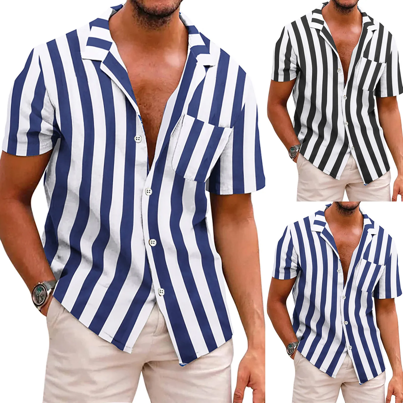 Fashion-Men-Black-White-Stripe-Shirts-Summer-Clothes-Short-Sleeve-Oversized-Shirt-Mens-Cardigan ...