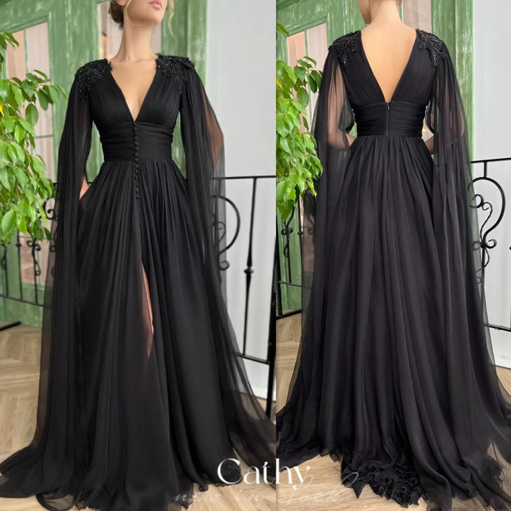 Cathy-Black-Cape-Floor-Length-Prom-Dress-Sexy-Side-Split-Evening-Gown ...