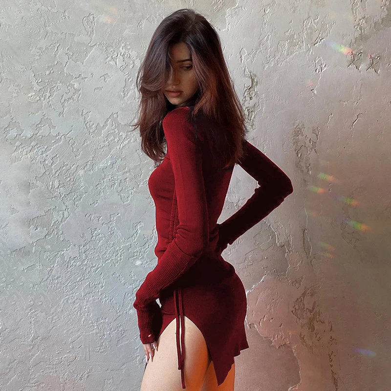 Mini-vestido-de-manga-comprida-feminino-fenda-lateral-Bodycon-com-cord-o-monocrom-tico ...